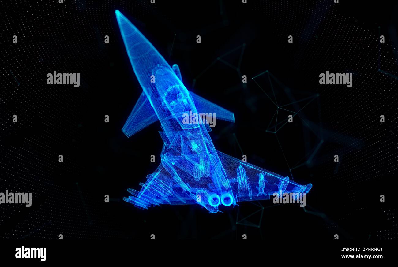 Military Jet. Blue particle and lines form 3d model Air plane. Virtual ...