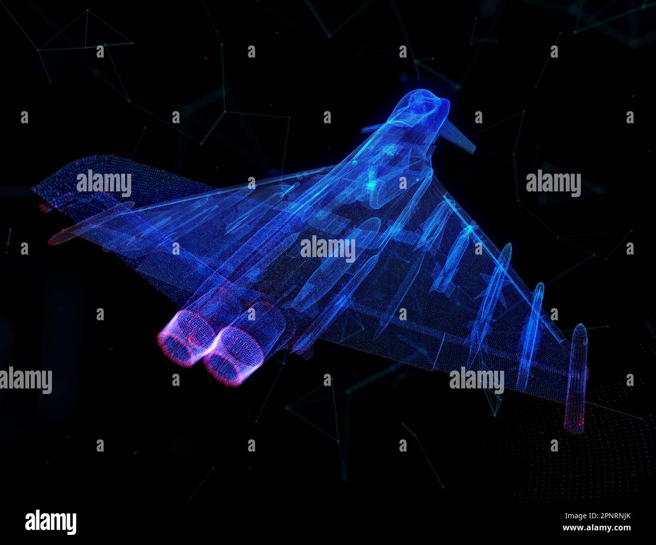 Military Jet. Blue particle and lines form 3d model Air plane. Virtual ...