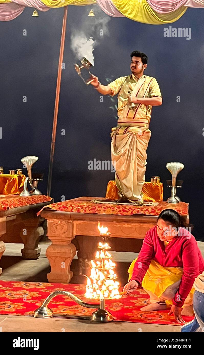 Morning Arti of Ganga Maa River at Assi Ghats at Varanasi Stock Photo ...