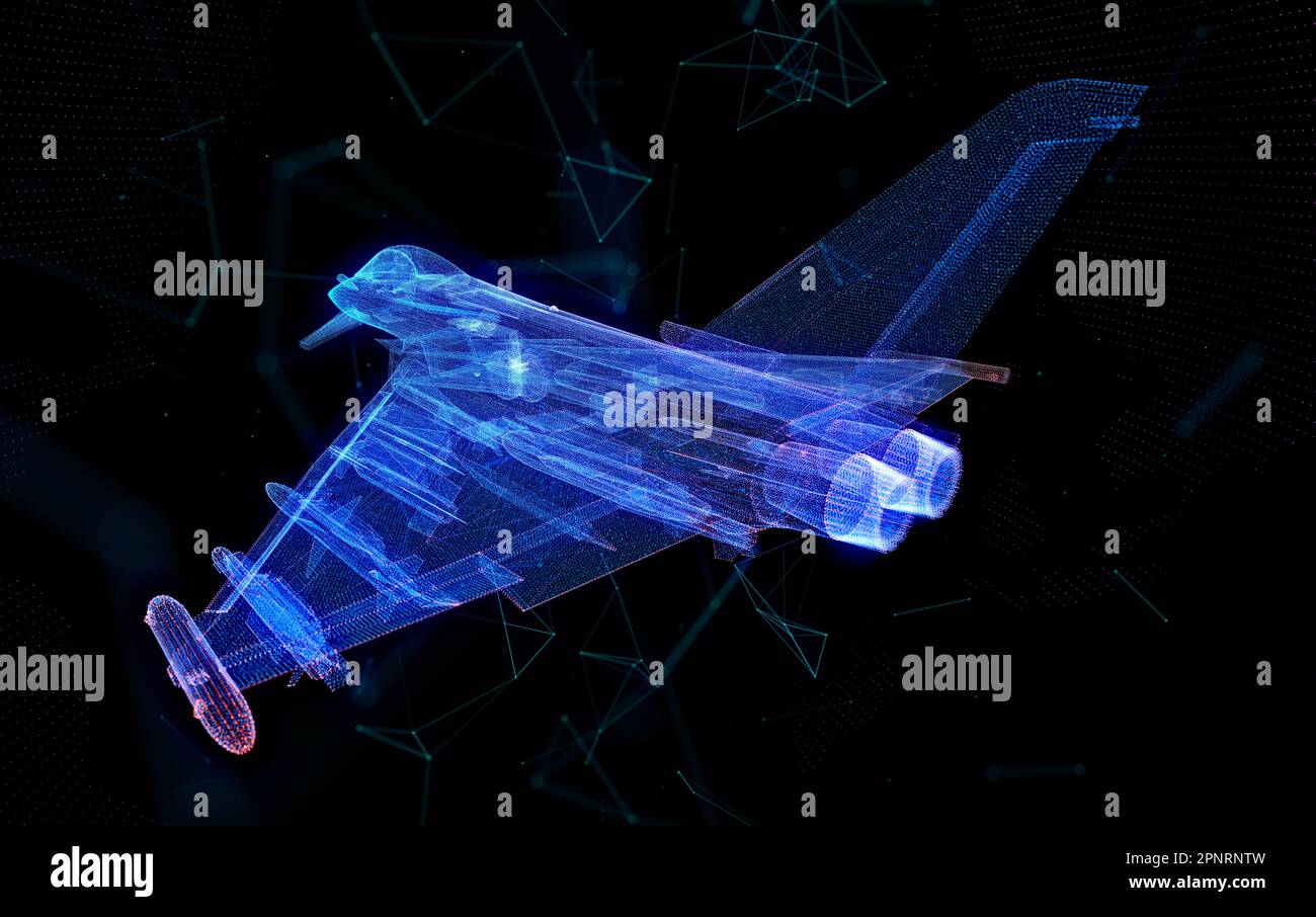 Jet in flight from polygonal line. Low poly air plane in glow lines and ...