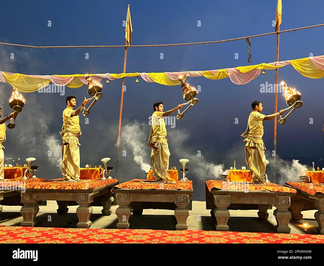 Morning Arti of Ganga Maa River at Assi Ghats at Varanasi Stock Photo ...