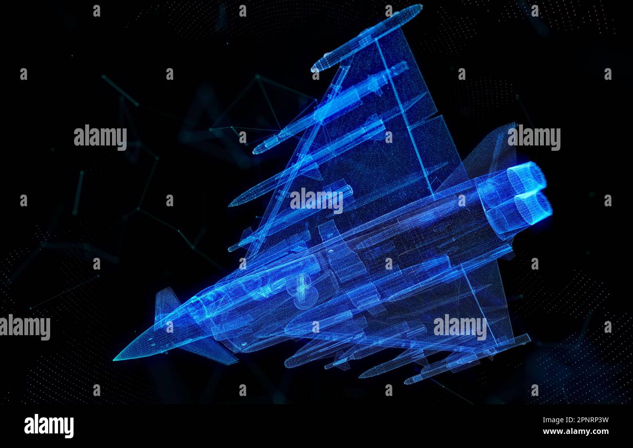 Military Jet. Blue particle and lines form 3d model Air plane. Virtual ...