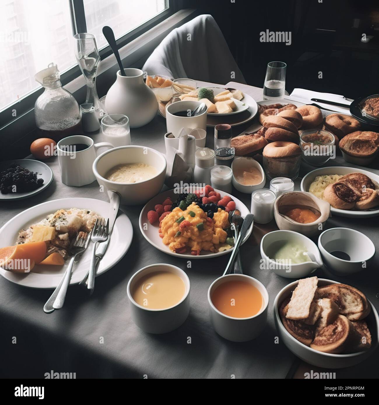 Healthy breakfast food table scene. Top down view over a white wood ...