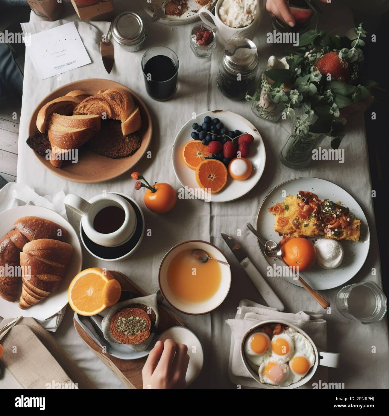 Healthy breakfast food table scene. Top down view over a white wood ...