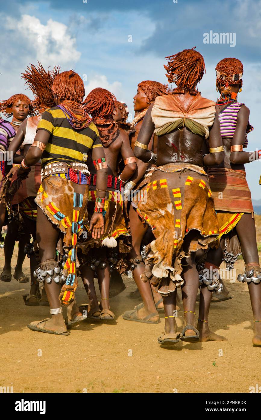 Bull-jumping ceremony women relatives dance Hamer Tribe, Ethiopia Stock ...