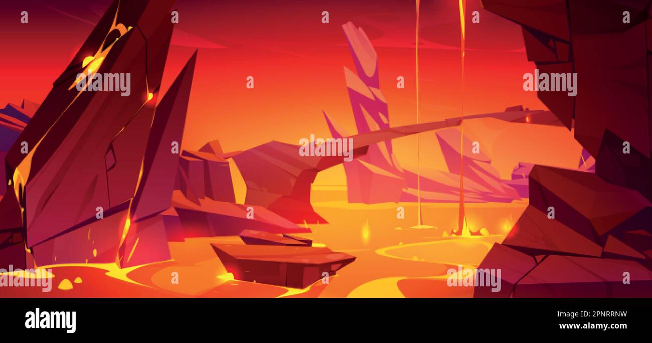 Lava hell background, cave view vector game illustration. Volcano magma ...