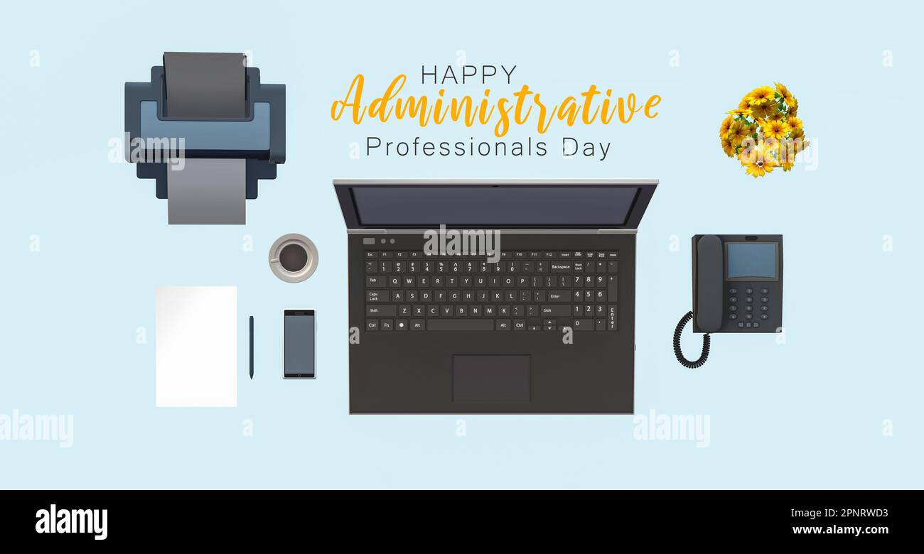 Administrative Professionals Day concept. Desk illustration on blue ...