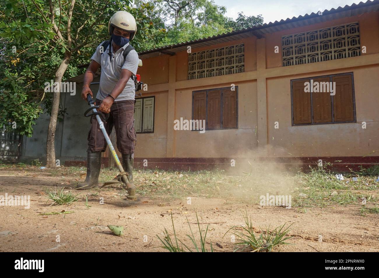 Kanakalingam Govardhanan clears the grass around Karaikal Sivan Temple ...