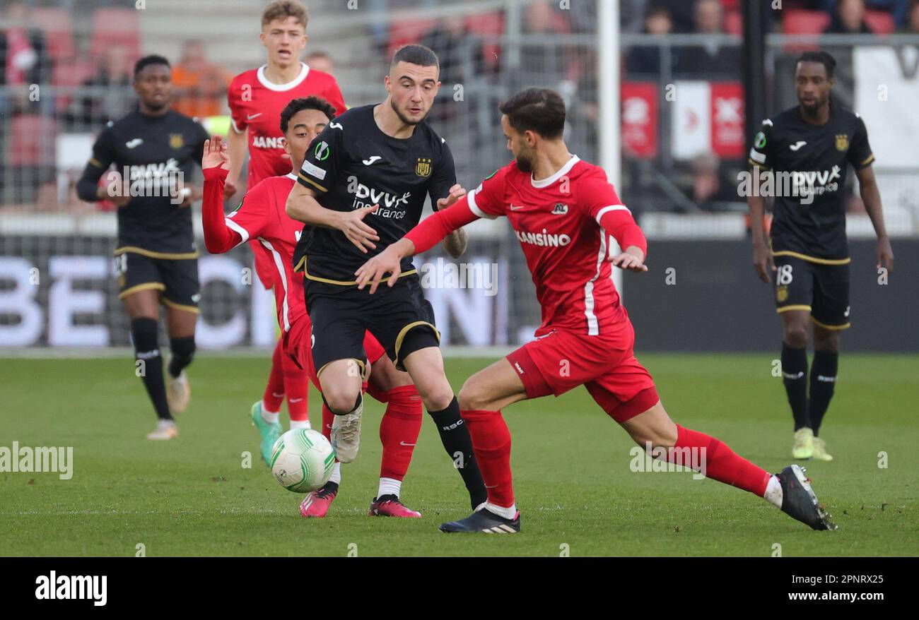Alkmaar, Netherlands. 20th Apr, 2023. Anderlecht's Zeno Debast and AZ's Pantelis Hatzidiakos ...