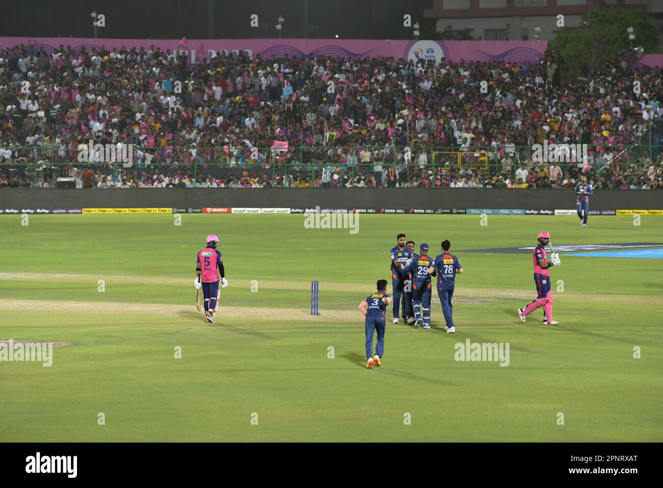 Jaipur, India, April 19, 2023: Lucknow Super Giants players celebrate a ...