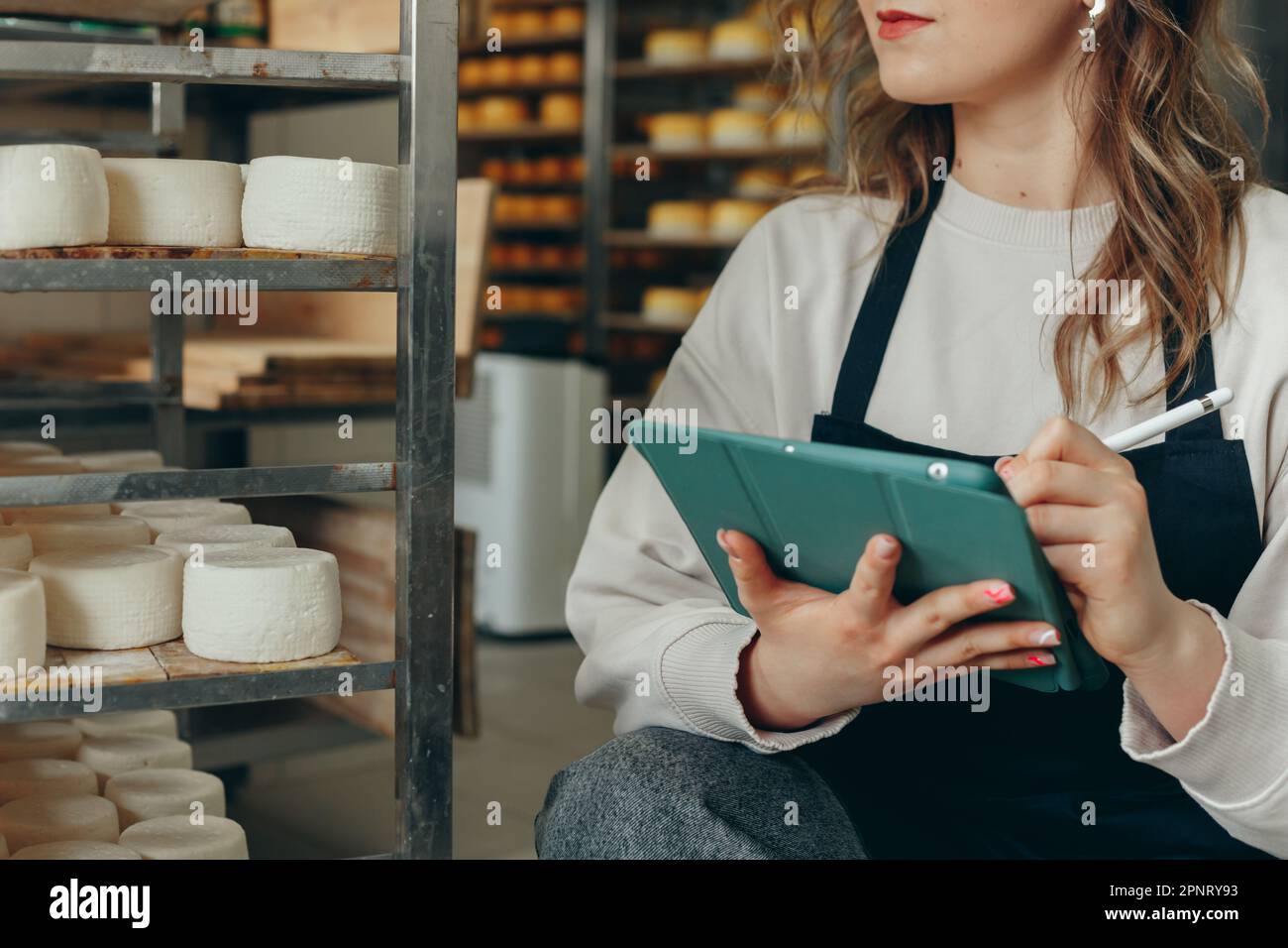 Young Farm Female Owner Controls Maturing Process of Goat Cheese Heads ...