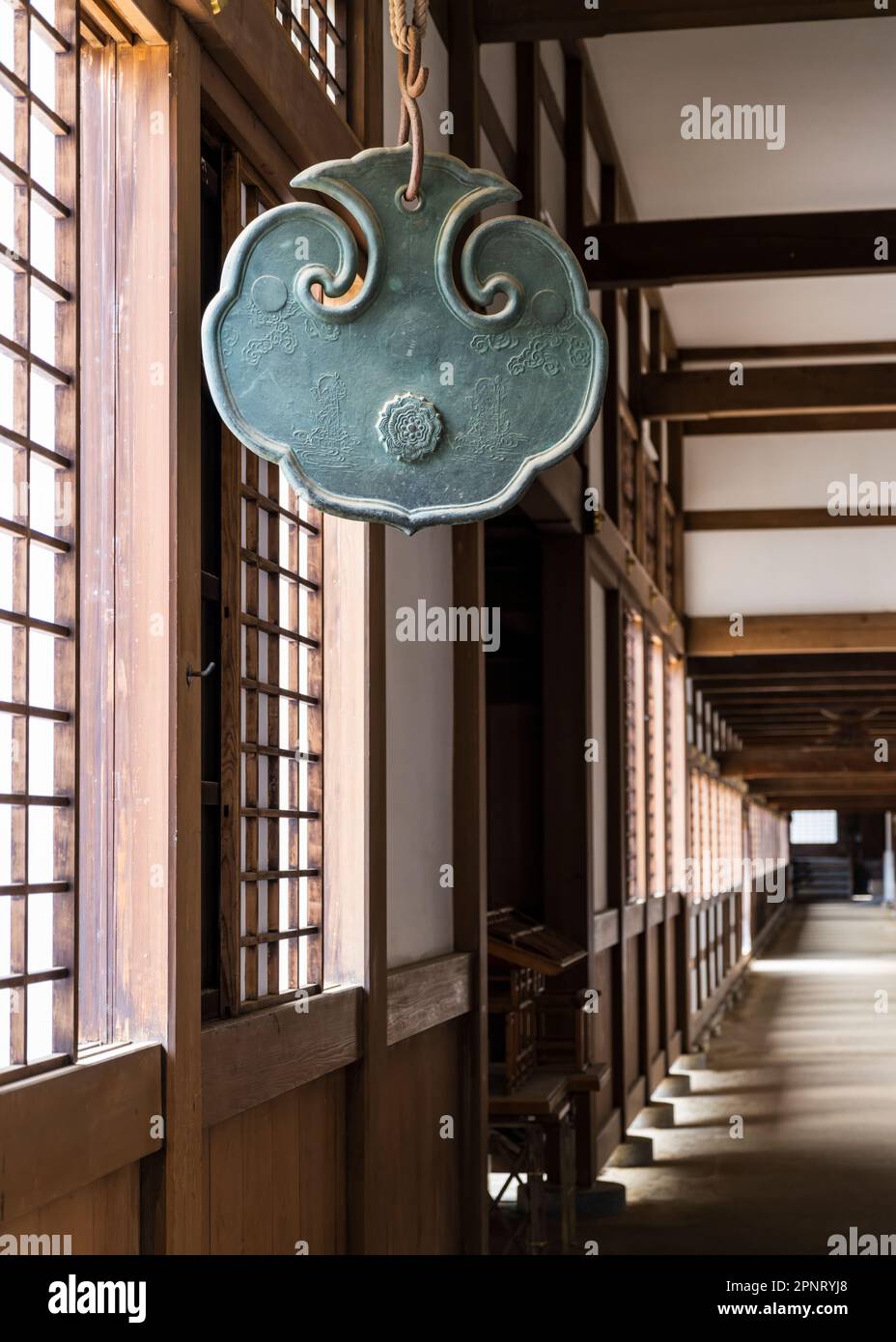 A gong hanging in a corridor at Zuiryuji, a Zen Buddhist temple in ...