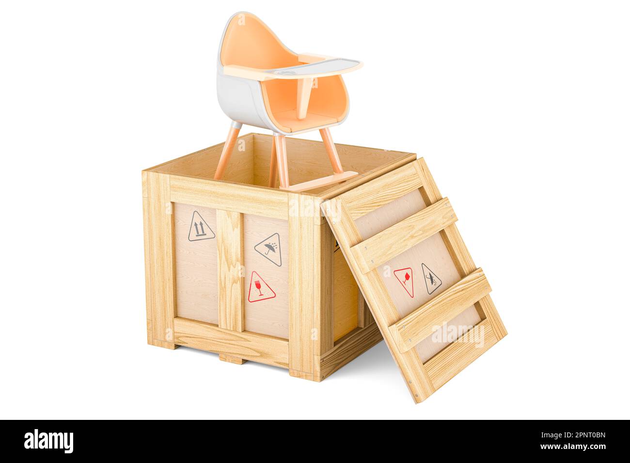 Baby high chair inside wooden box, delivery concept. 3D rendering ...