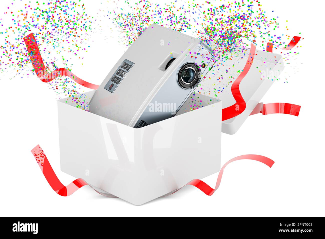 Projector inside gift box, 3D rendering isolated on white background ...