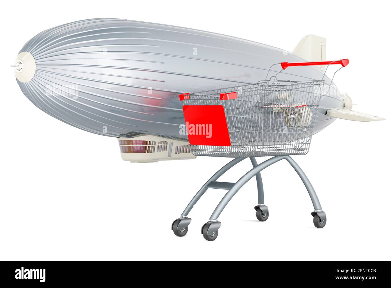 Airship or dirigible balloon with shopping cart, 3D rendering isolated ...