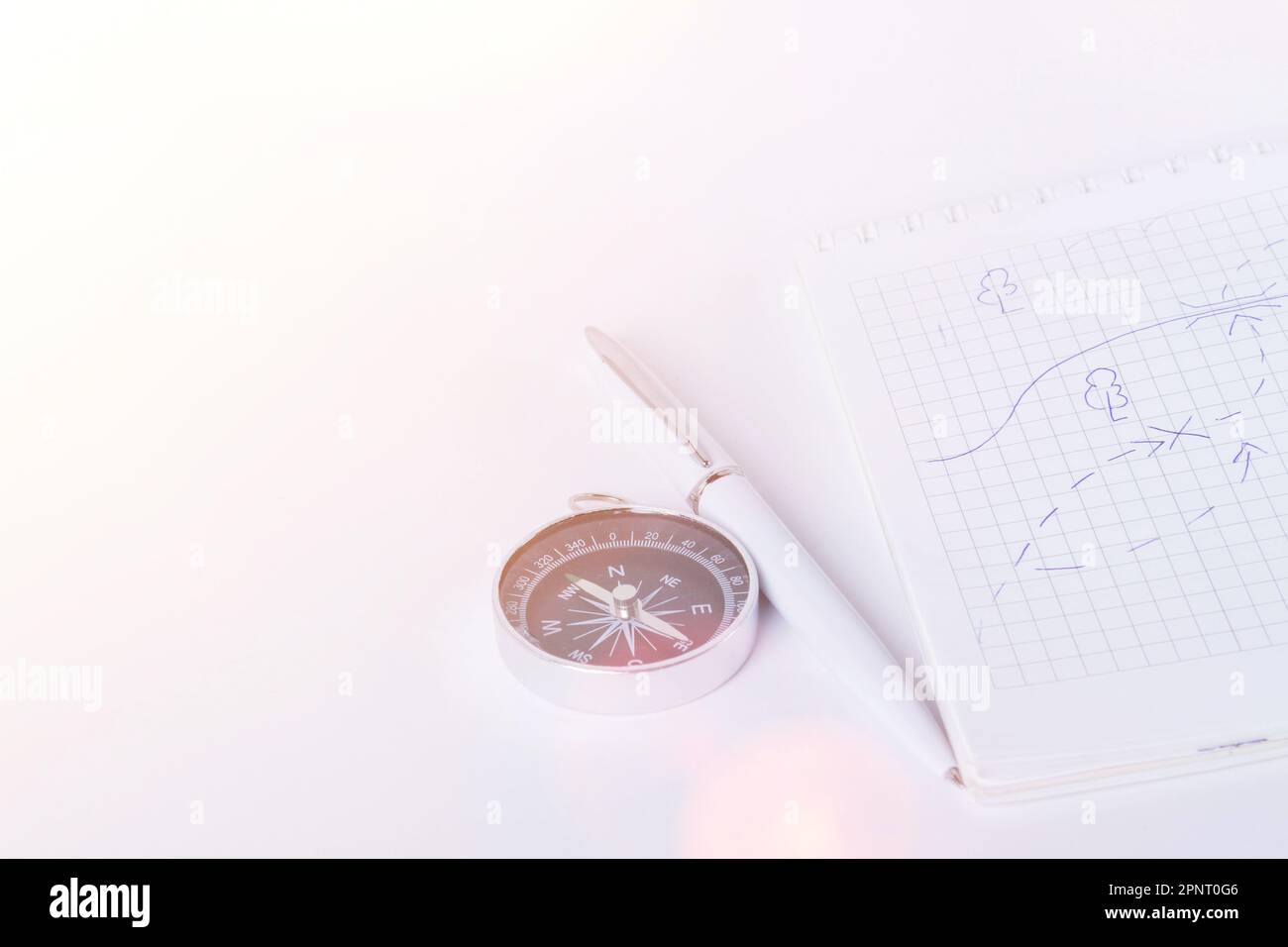 Traveler's notes. A clean notebook with a pen for writing a compass and ...