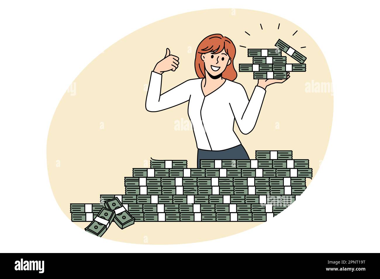 Financial success and big money concept. Smiling woman worker standing ...