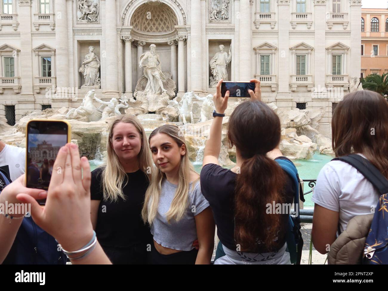 Rome, Italy. 20th Apr, 2023. Barriers surround Trevi fountain in view ...
