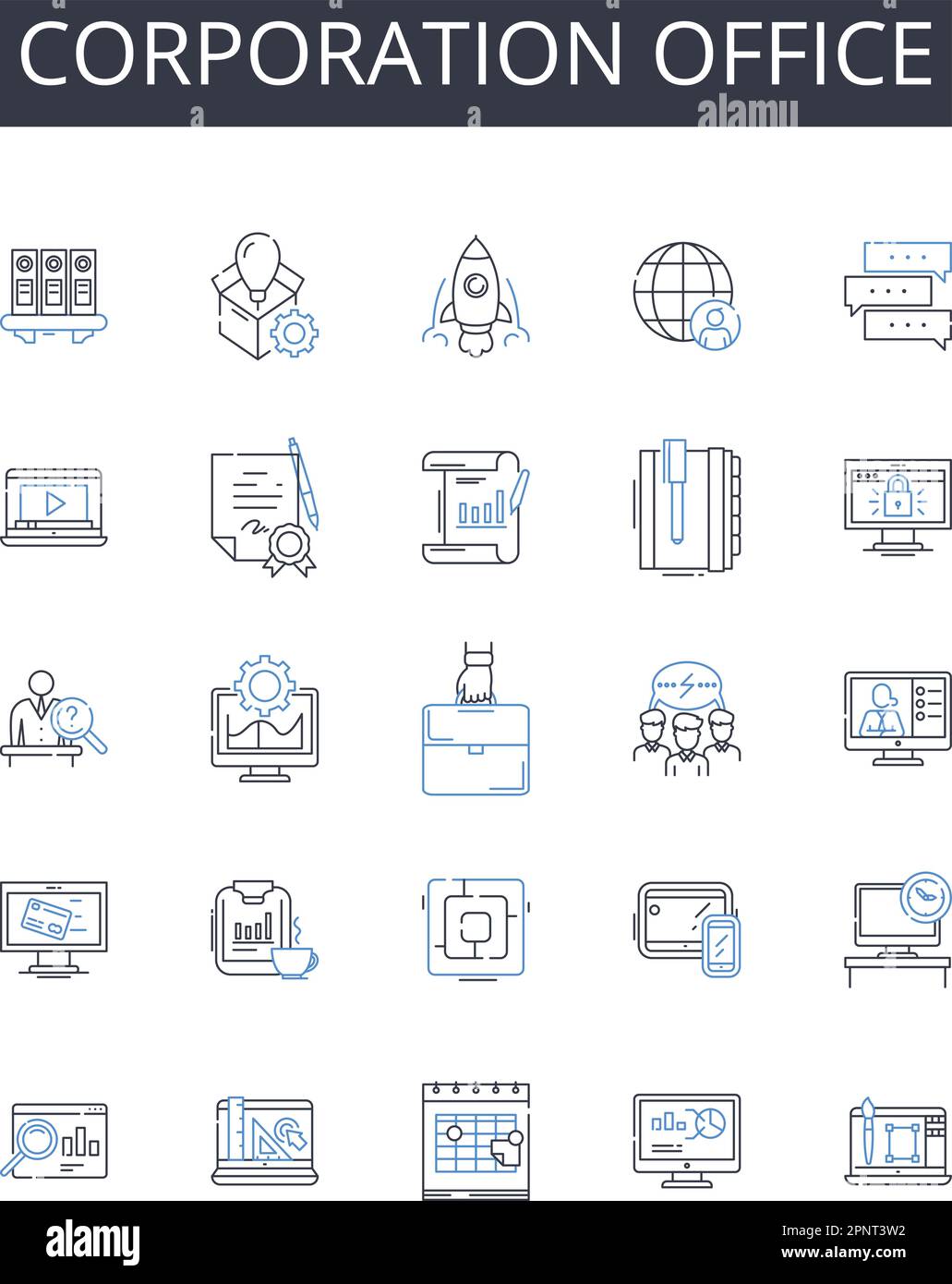Corporation office line icons collection. Company headquarters ...