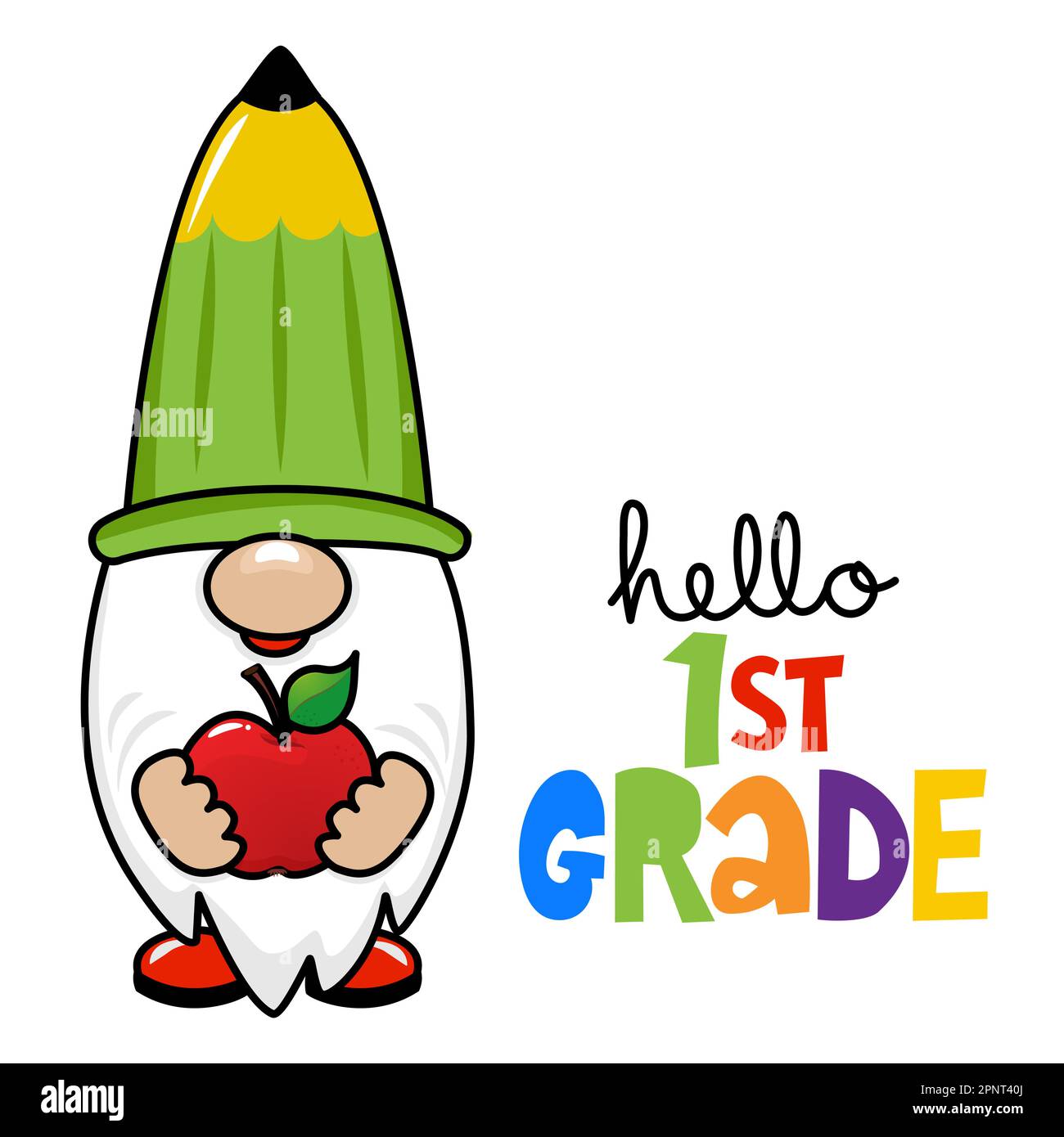Hello first grade - Smart gnome with an apple. Cute troll character ...