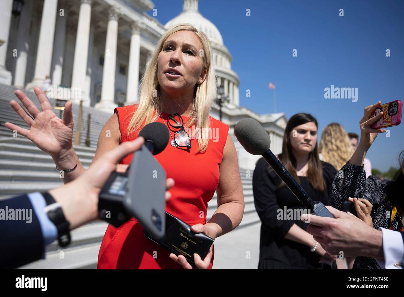 Rep. Marjorie Taylor Greene (R-Ga.) speaks with reporters outside the U ...