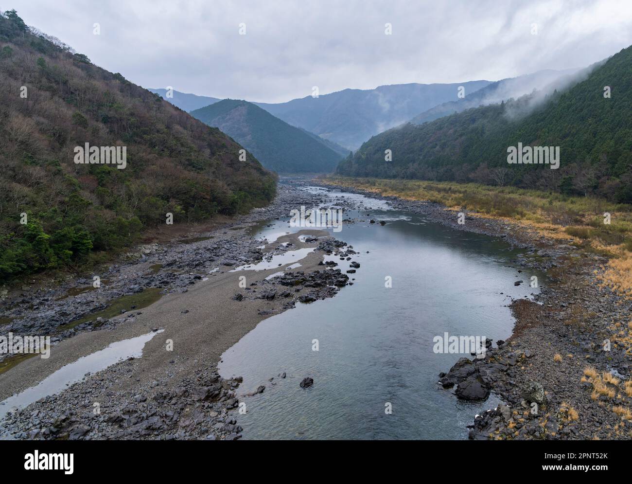The Shimanto River in Kochi Prefecture, Japan, seen from a train on the ...