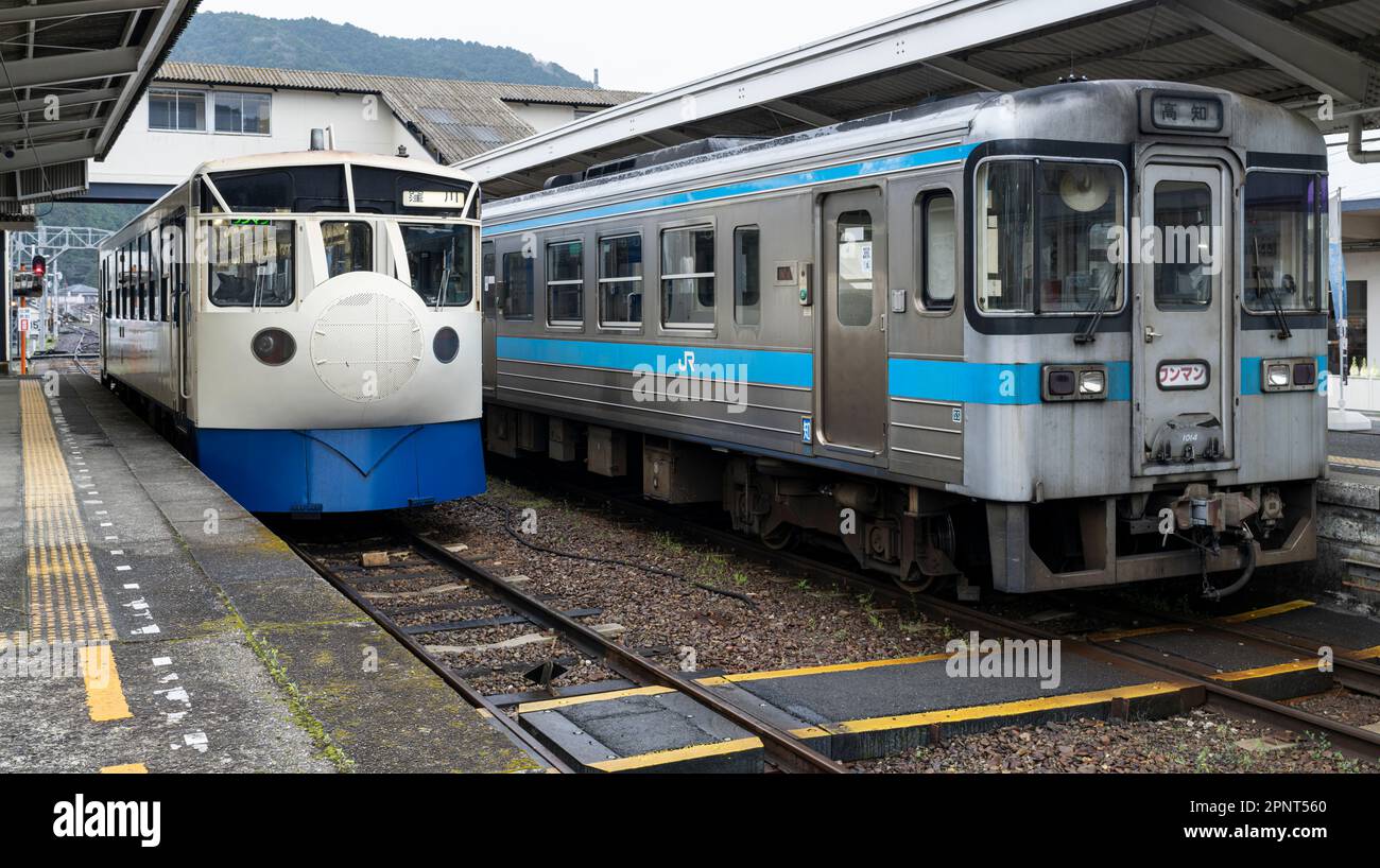 JR Shikoku one man trains at Kubokawa Station in Kochi Prefecture ...