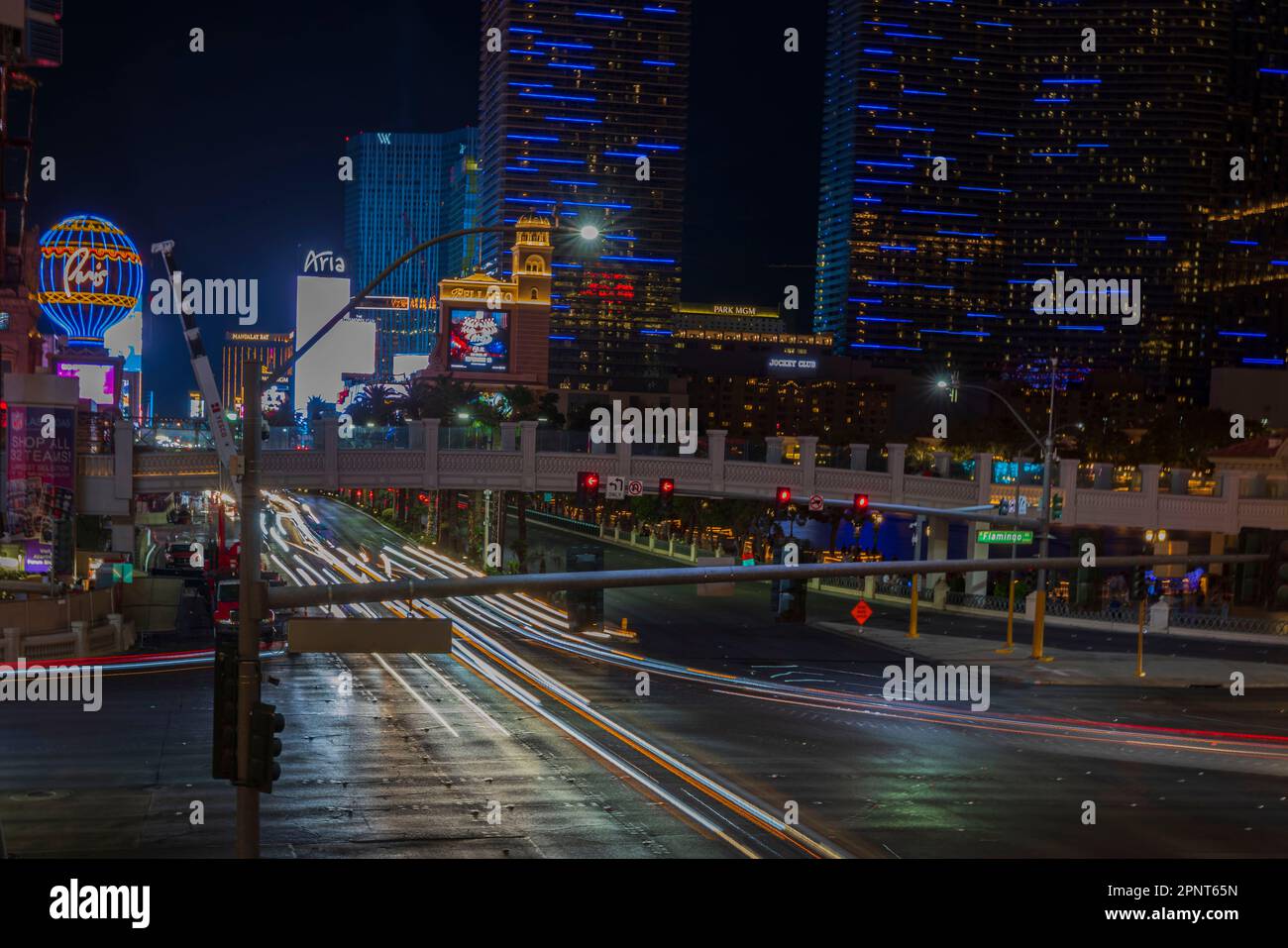 Gorgeous out-of-focus colorful tracers of Strip road. Night Las Vegas ...