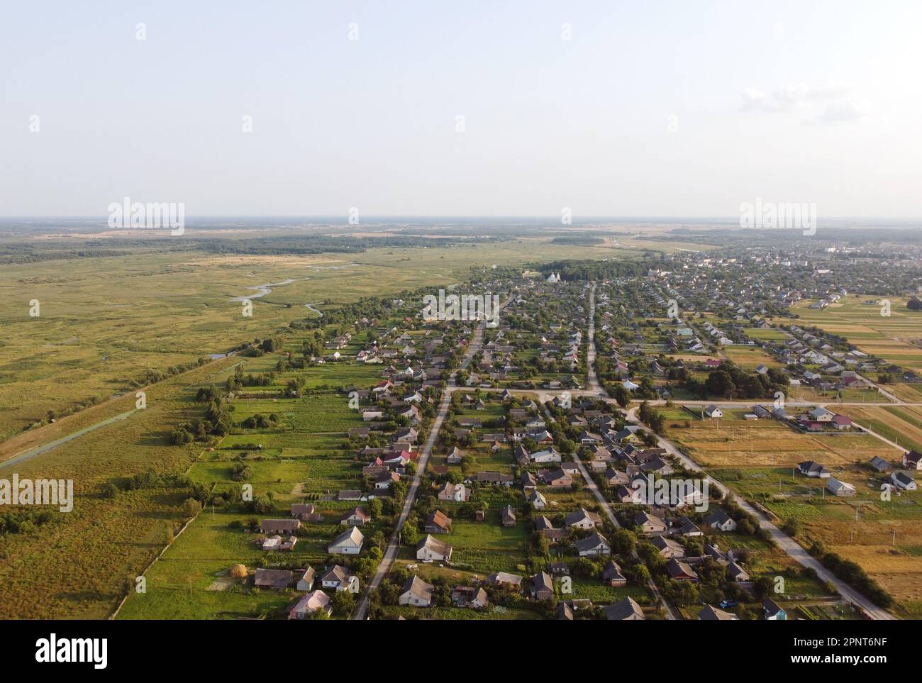 Aerial view of small village in Ukraine. Above view of rural area ...