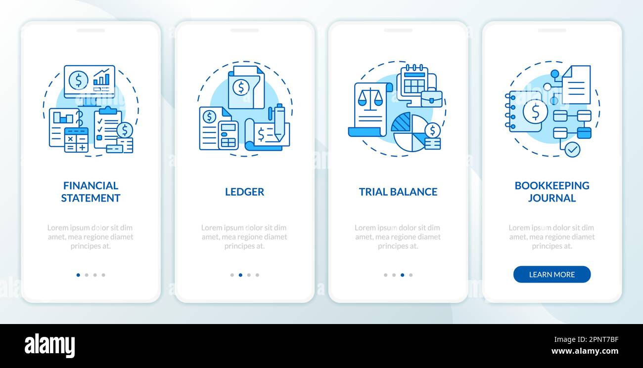Bookkeeping elements blue onboarding mobile app screen Stock Vector ...