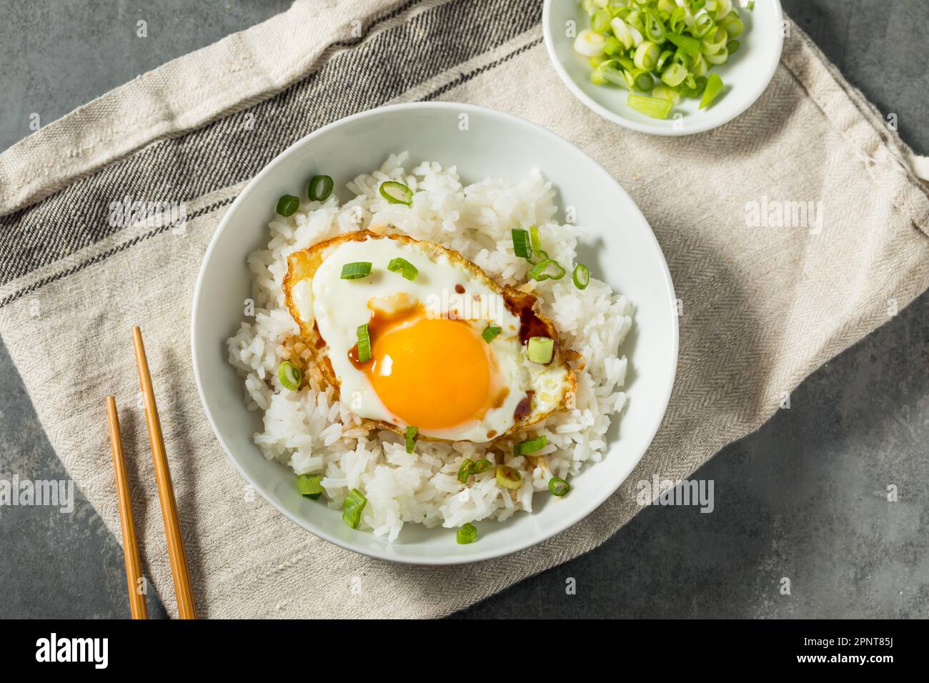 Homemade Asian Fried Egg and Rice Breakfast with Soy Sauce Stock Photo ...