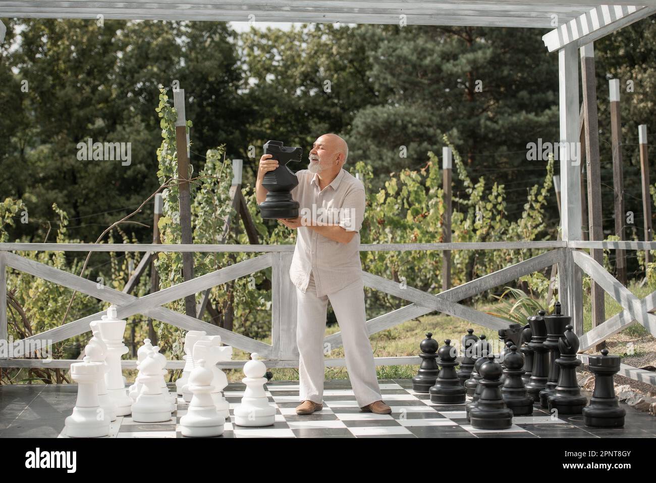 Retirement. Funny smiling playing chess on big chessboard in the park ...