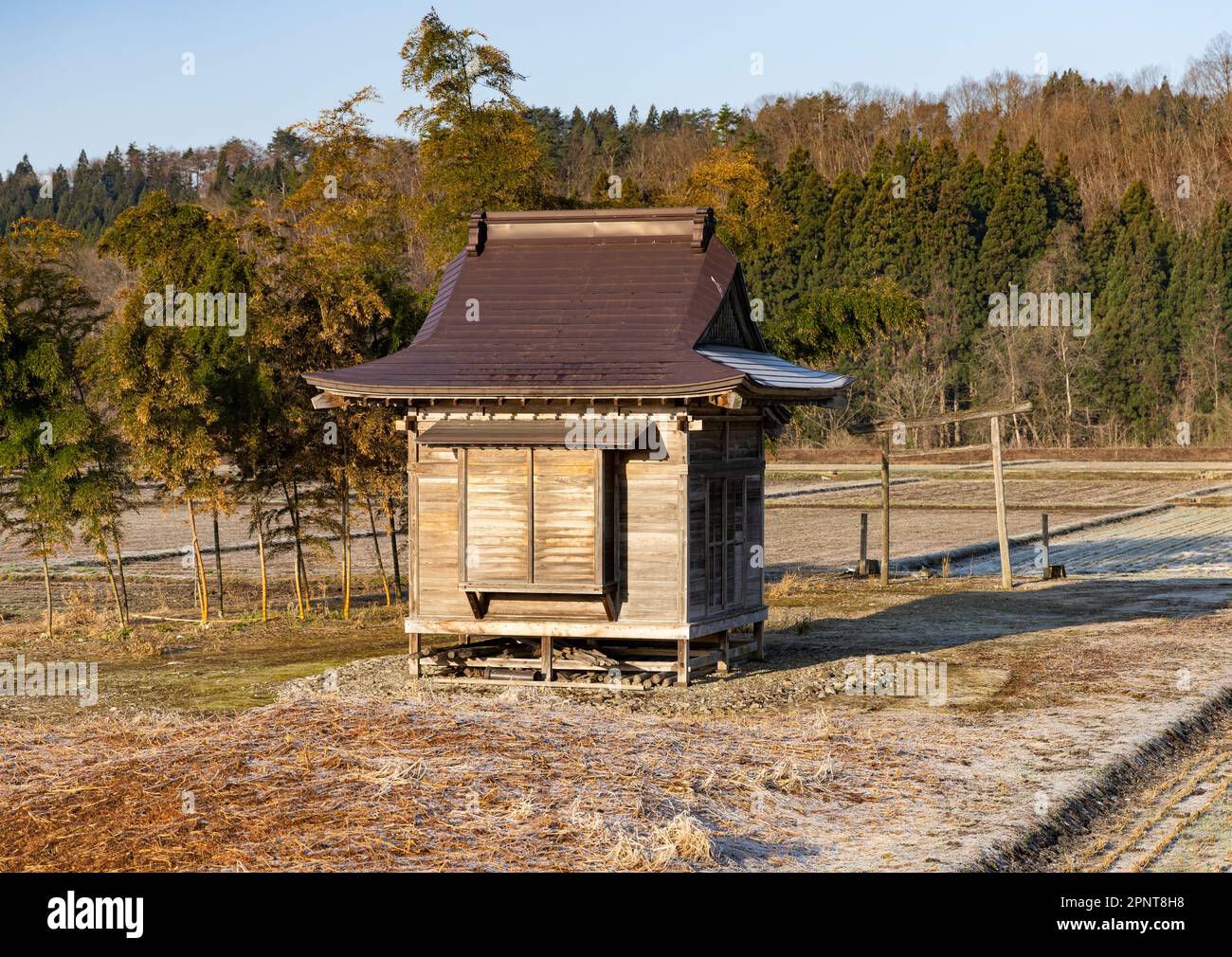 A small Shinto shrine seen from a train on the Akita Nairiku Line in ...