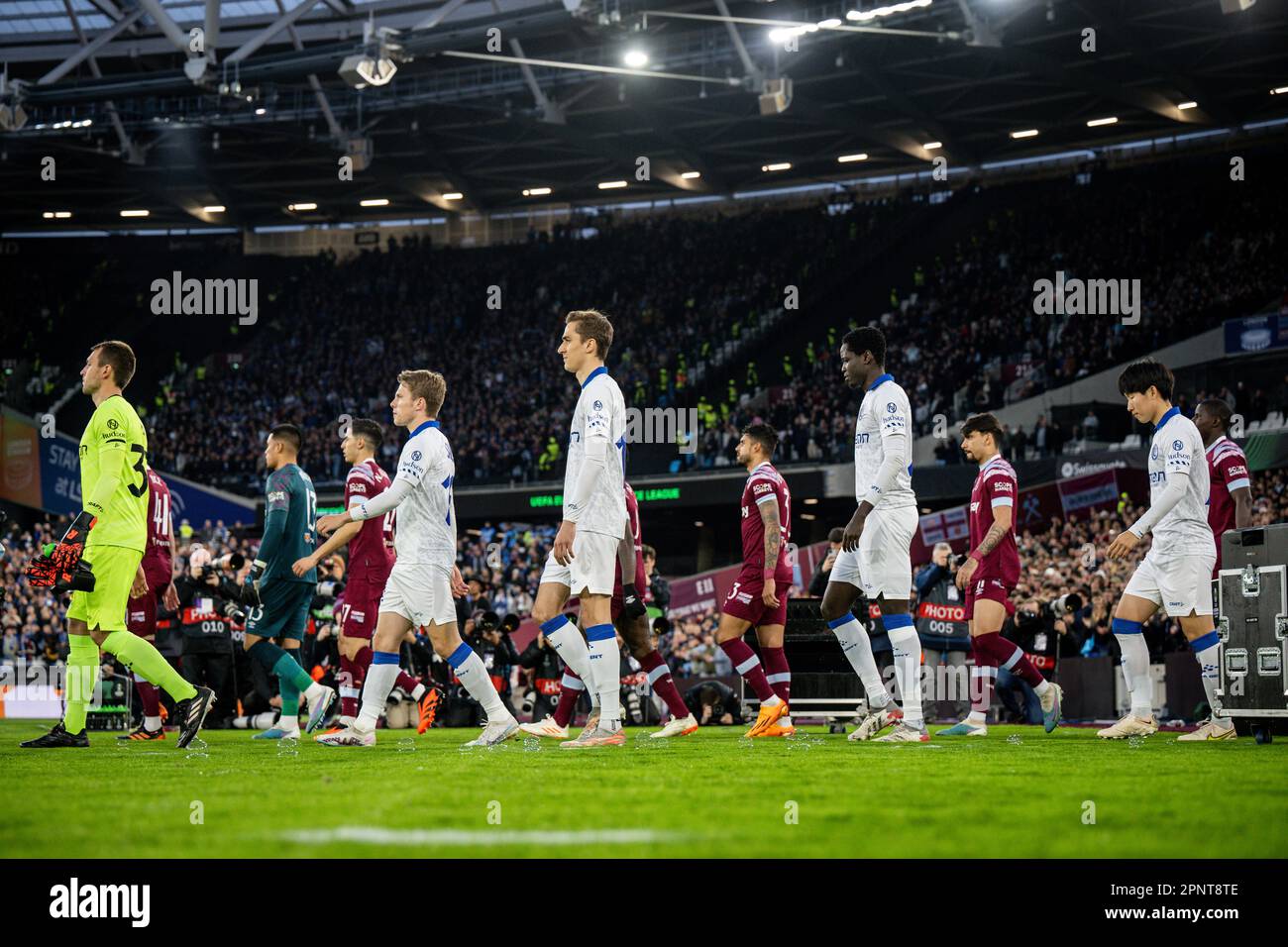 London, UK. 20th Apr, 2023. Gent's players pictured at the start of a ...