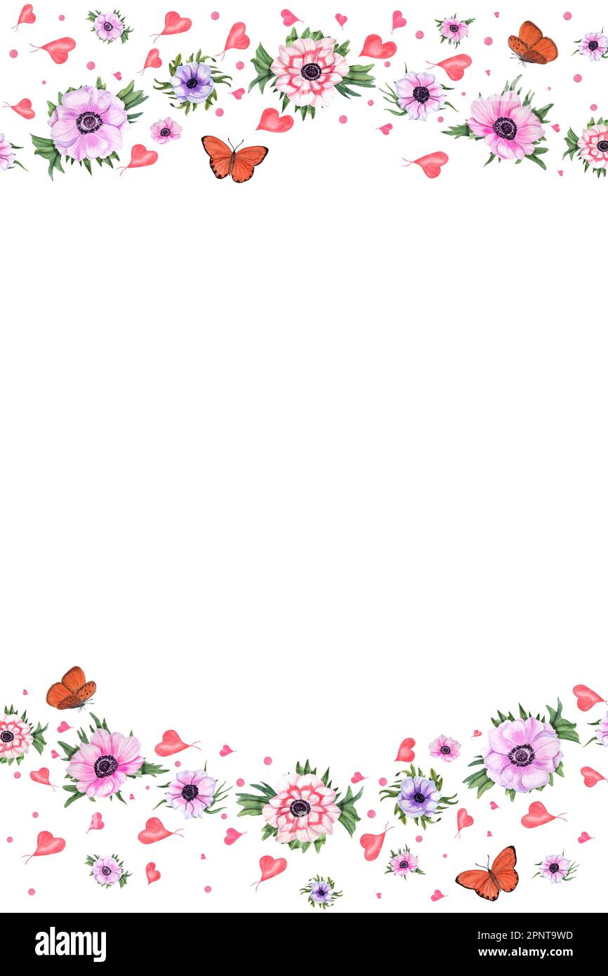 Watercolor celebration rectangle frame with anemones, butterflies ...