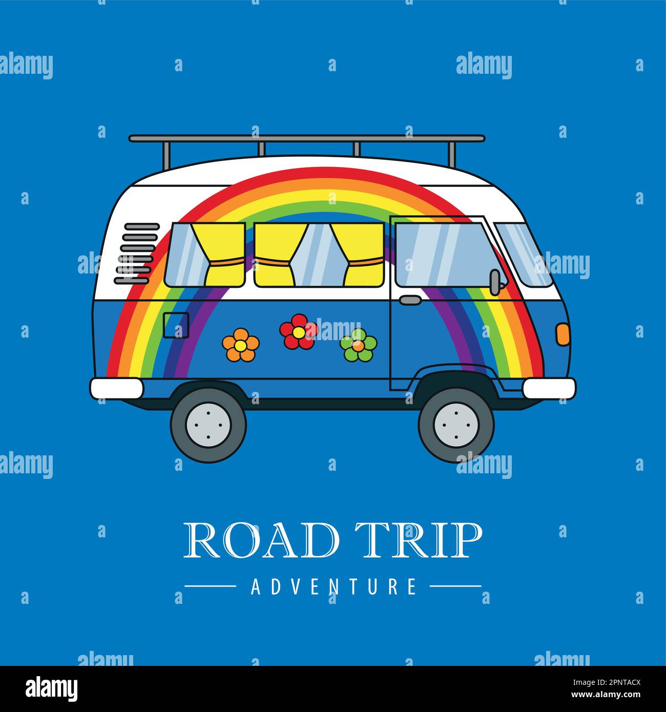 road trip adventure with hippie rainbow camper van Stock Vector Image ...