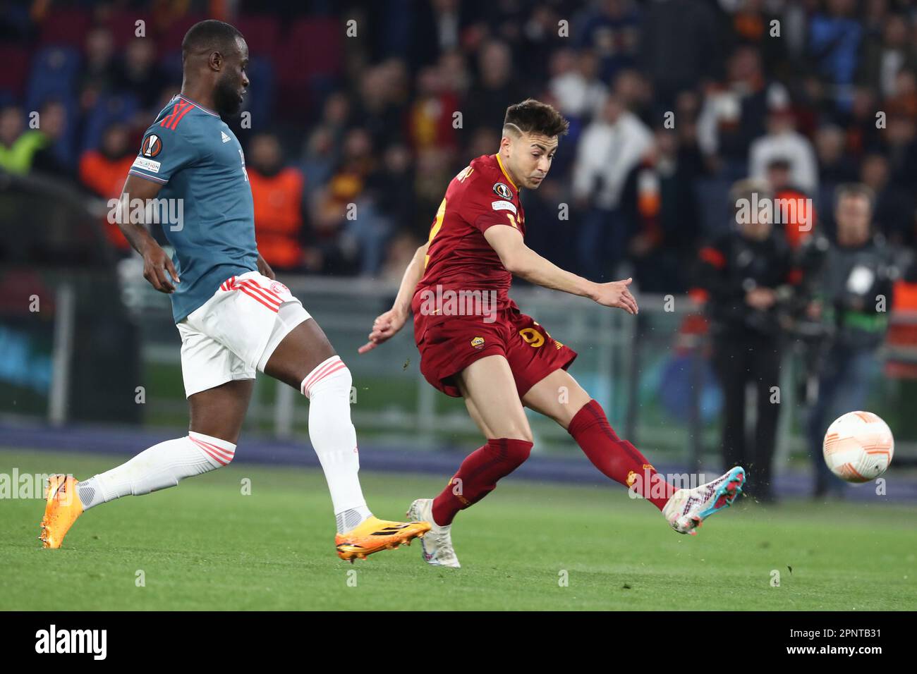 Rome, Italy. April 20, 2023. Lutsharel Geertruida of Feyenoord, Stephan EL Shaarawy of Roma in ...