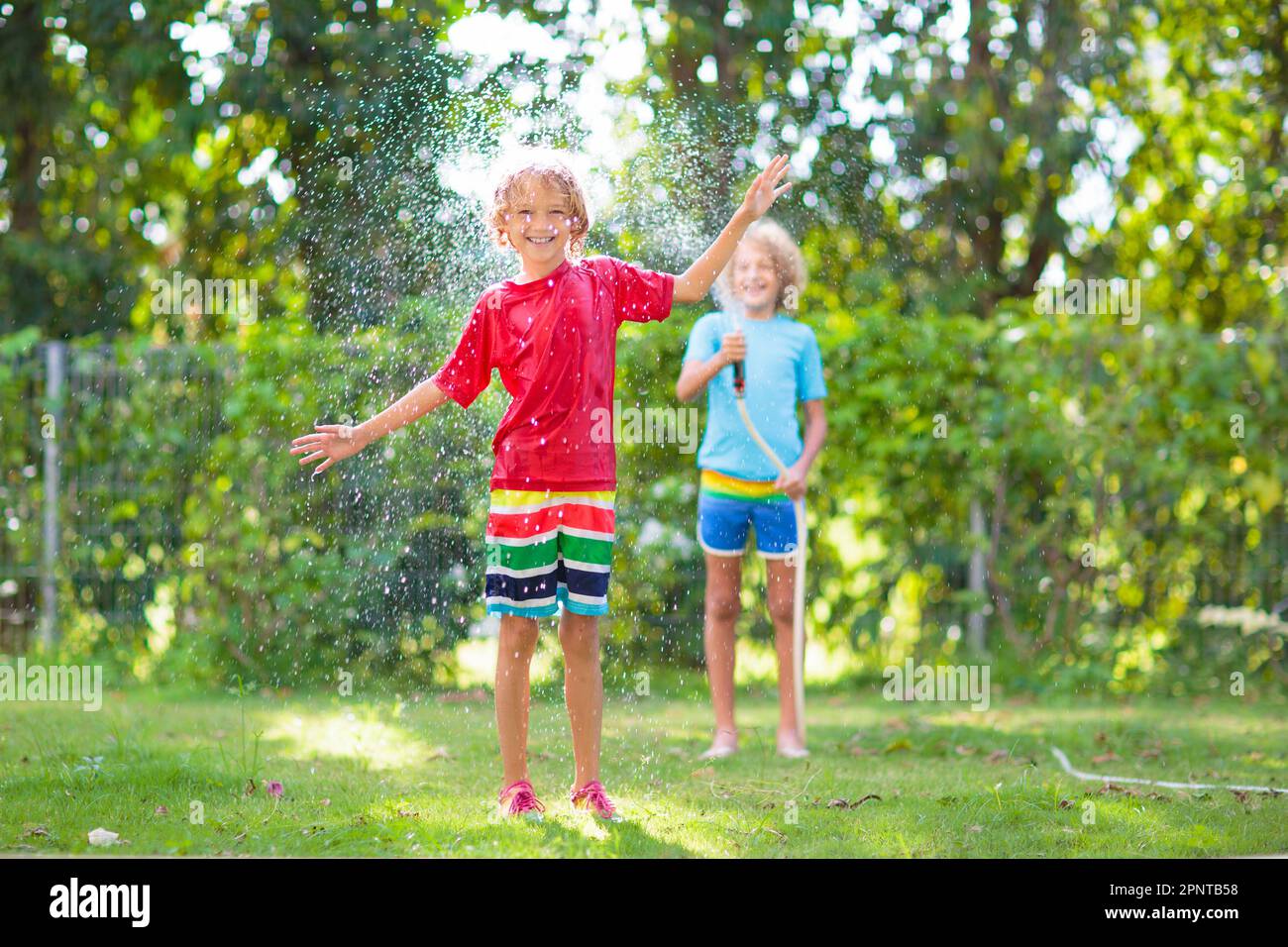 Kids play with water sprinkle hose. Summer garden outdoor fun for ...