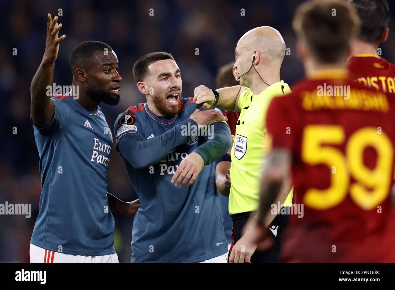 Rome, Italy. April 20, 2023. (lr) Lutsharel Geertruida of Feyenoord and Orkun Kokcu of Feyenoord ...