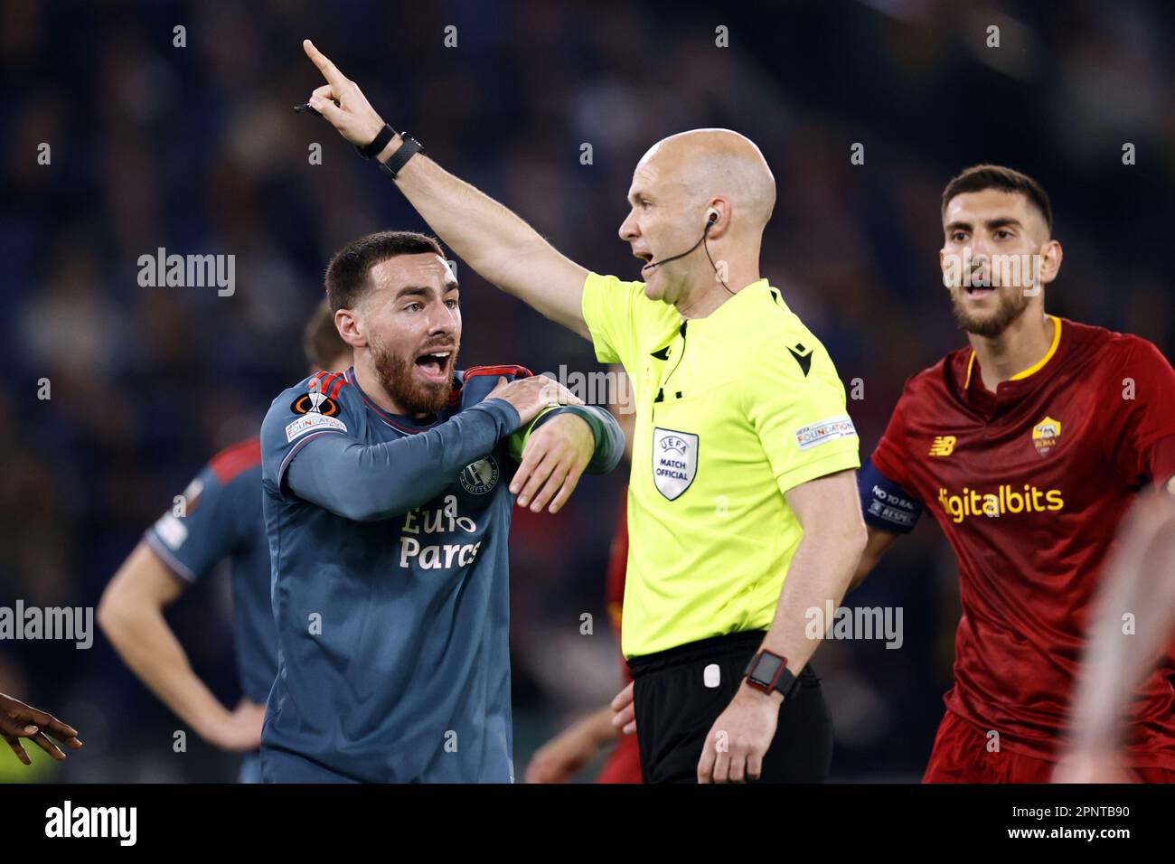 Rome, Italy. April 20, 2023. (lr) Orkun Kokcu of Feyenoord reacts ...