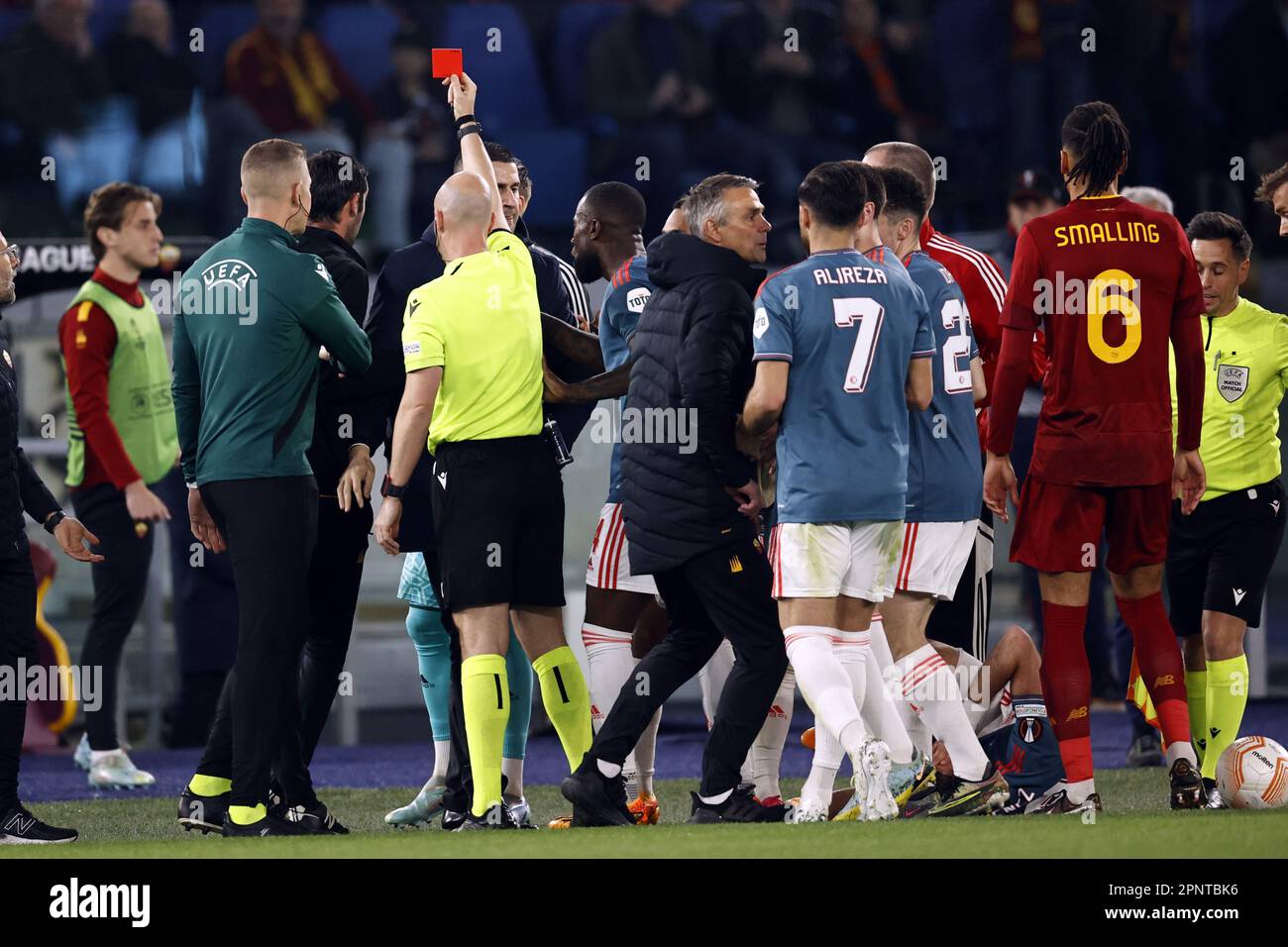 Rome, Italy. April 20, 2023. (lr) Referee Anthony Taylor gives the red ...