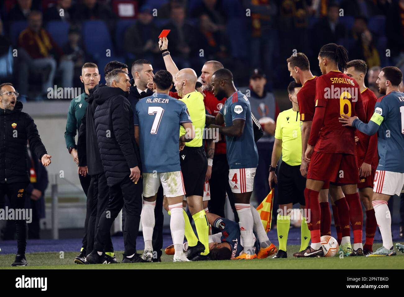 Rome, Italy. April 20, 2023. (lr) Referee Anthony Taylor gives the red ...