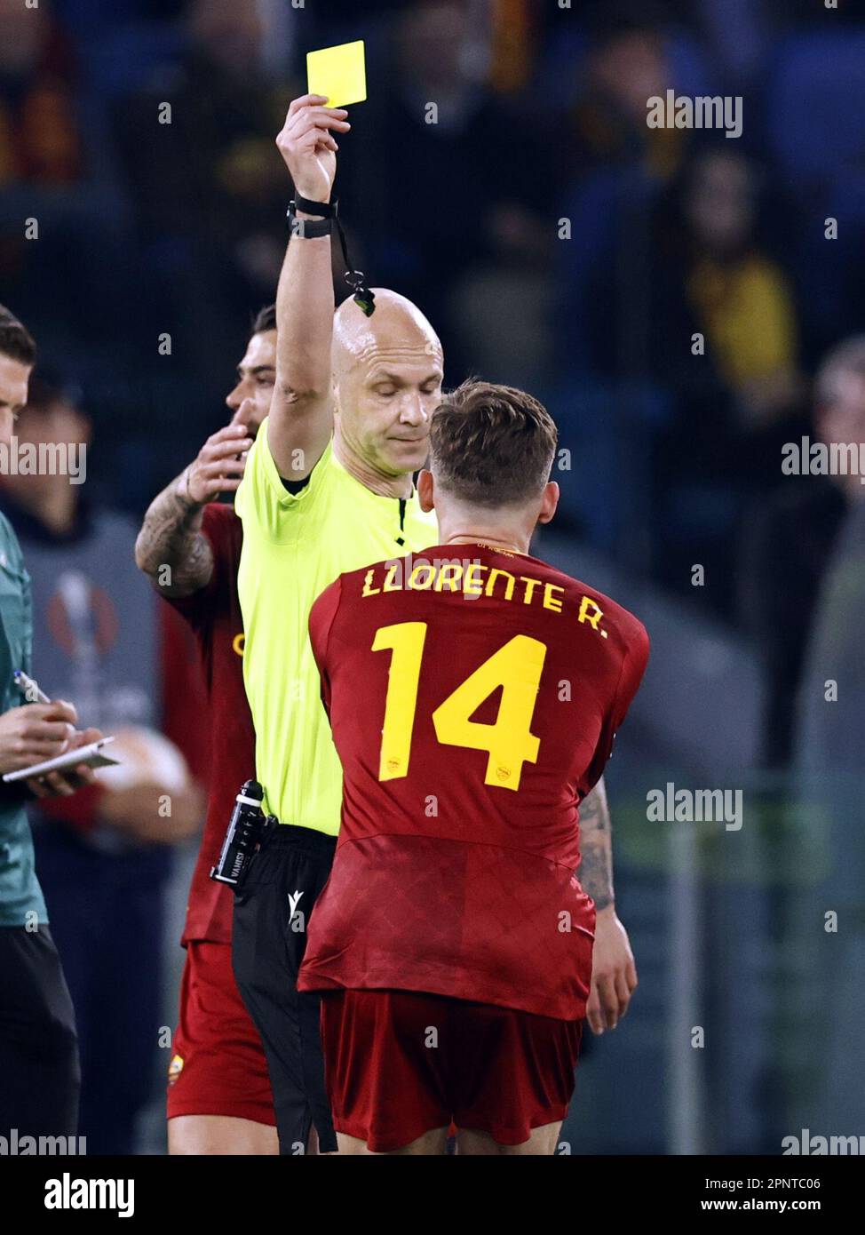 Rome, Italy. April 20, 2023. (lr) Referee Anthony Taylor gives the ...