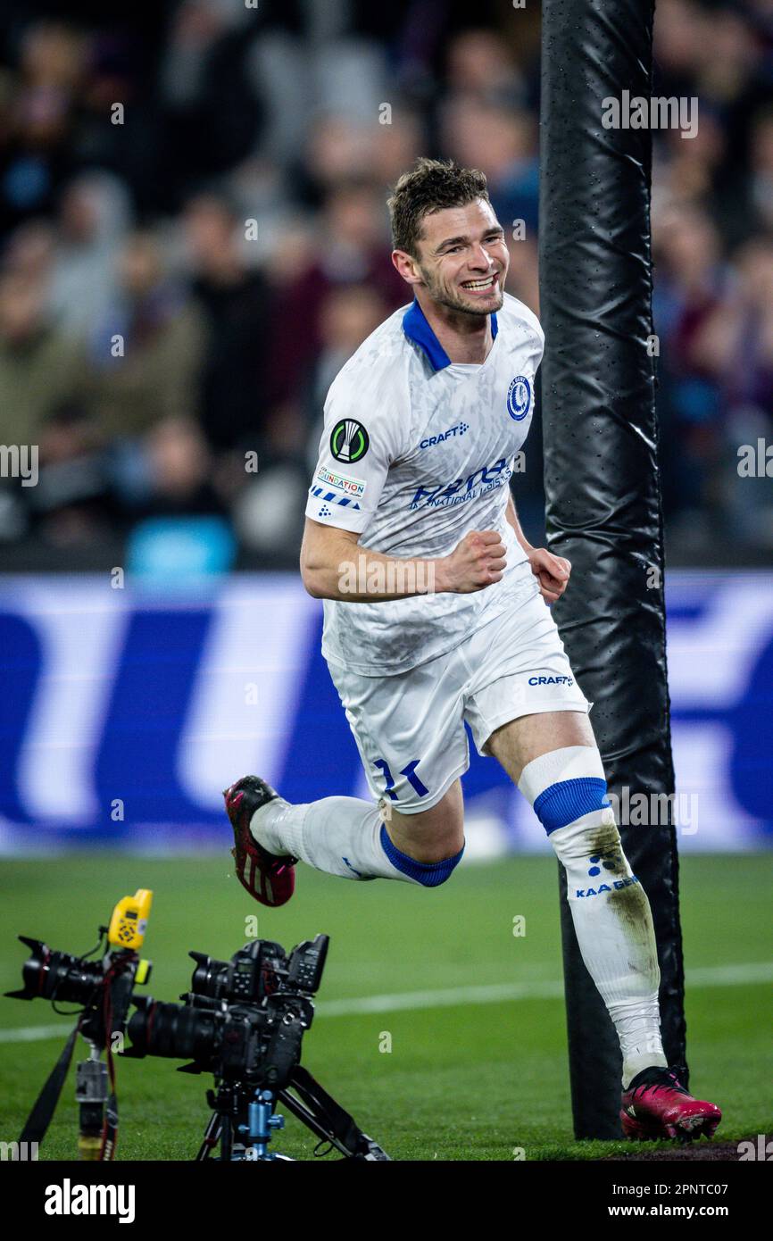 London, UK. 20th Apr, 2023. Gent's Hugo Cuypers celebrates after ...