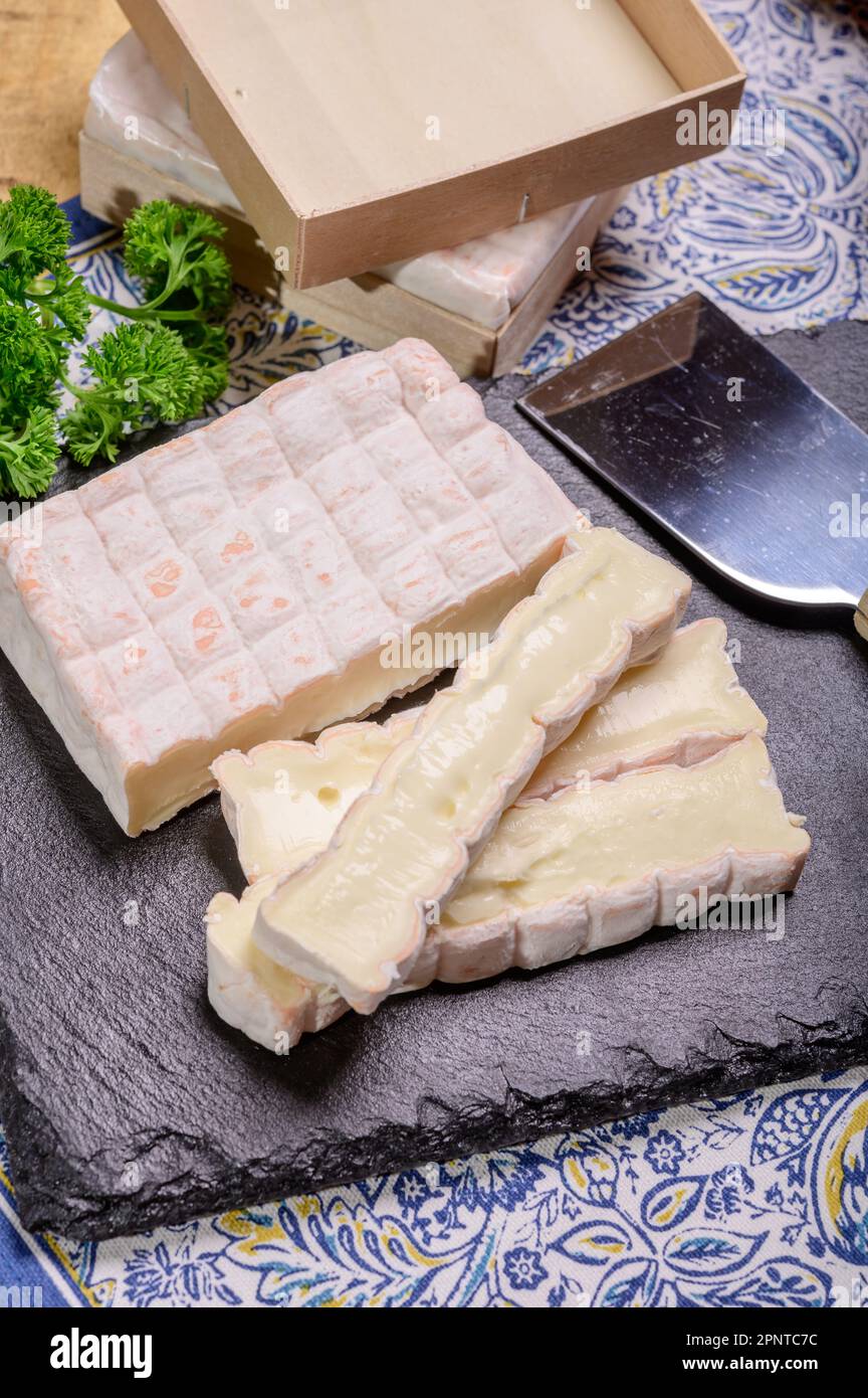 French cheeses collection, yellow Vieux Pane cheese with white mold ...