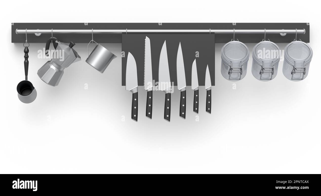 Set of kitchen utensil, knives, stewpot, frying pan and chrome cookware ...