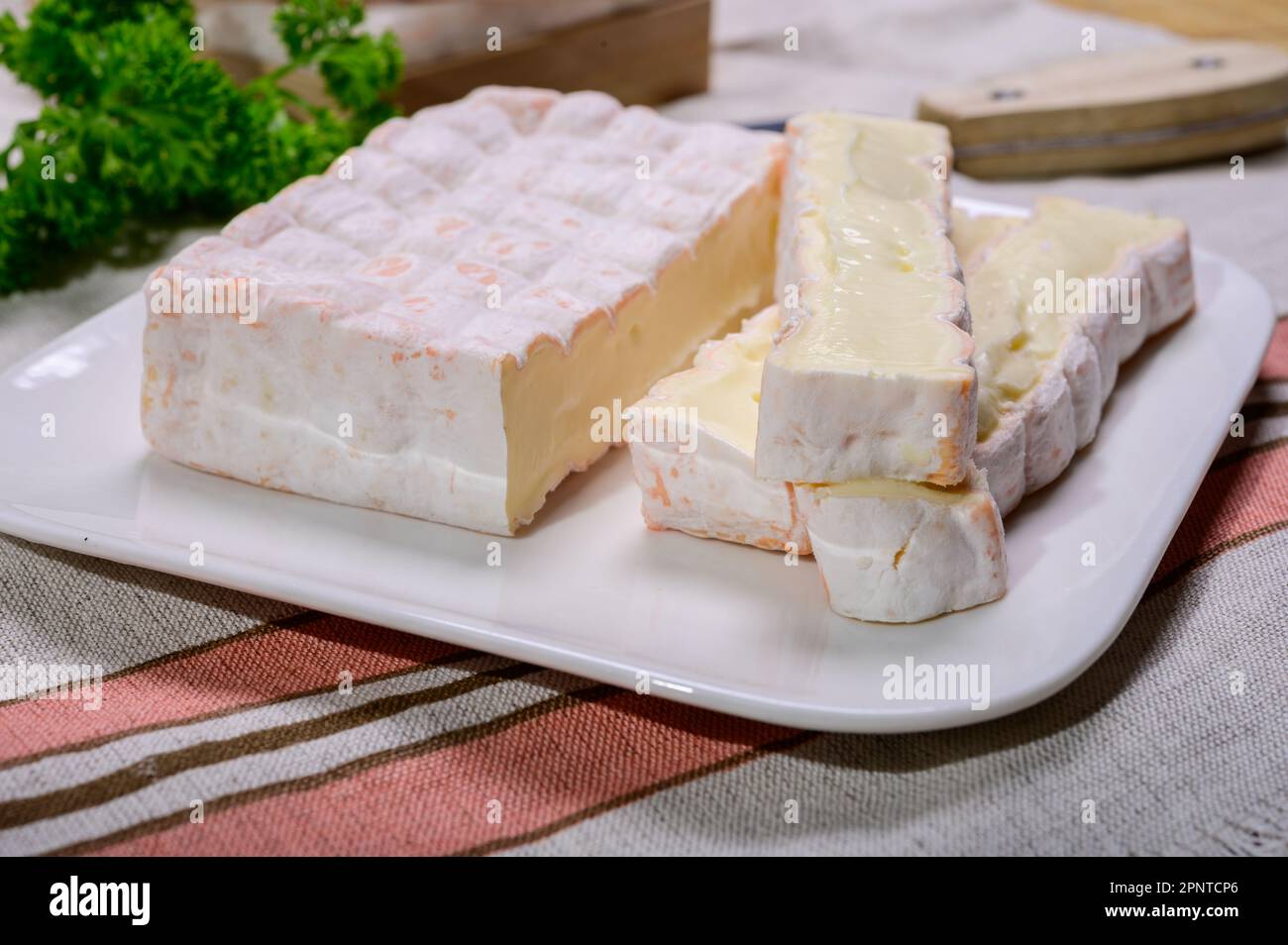 French cheeses collection, yellow Vieux Pane cheese with white mold ...