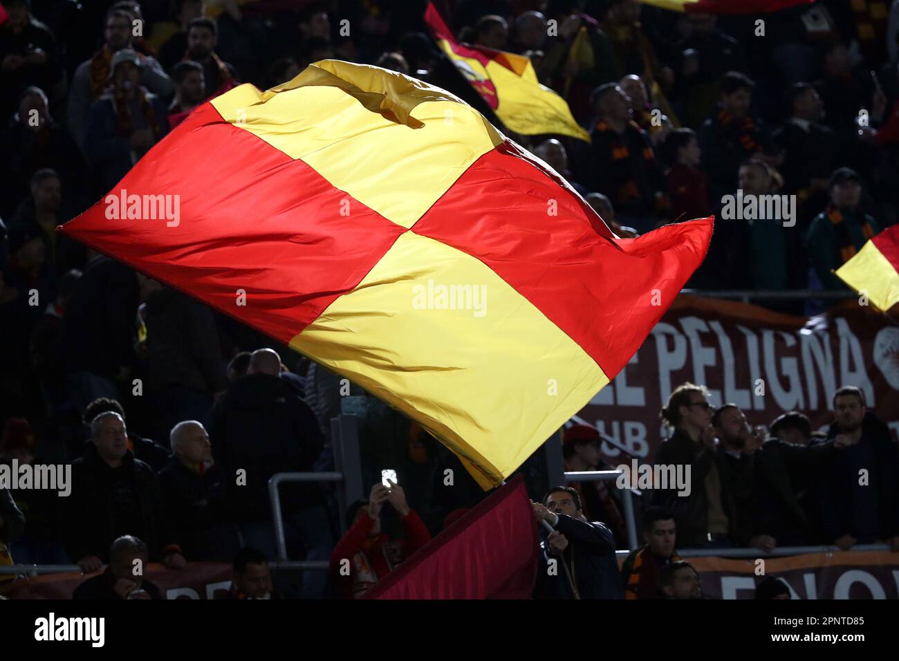 Rome, Italy. April 20, 2023. As Roma fans flags on the stand during the ...
