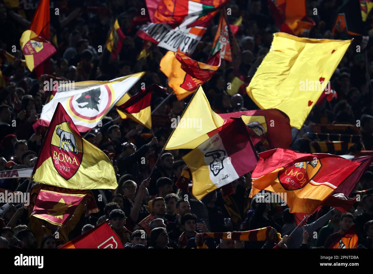 Rome, Italy. April 20, 2023. As Roma fans flags on the stand during the ...
