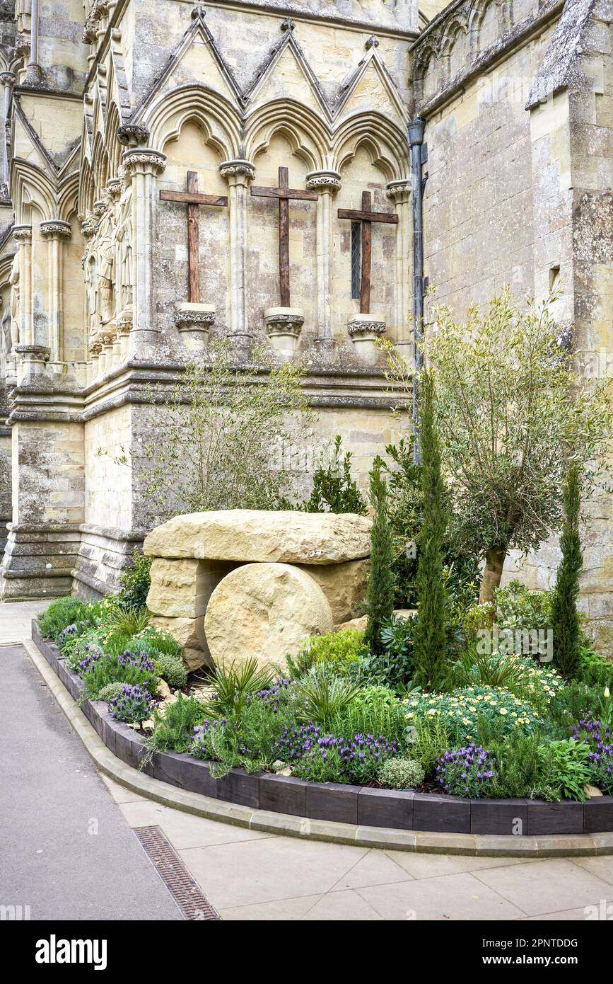 Easter garden with small recreation of Jesus tomb and three wooden ...